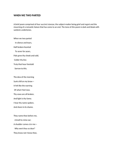 GCSE ENGLISH LITERATURE an analysis of Lord Byron's "When We Two Parted ...