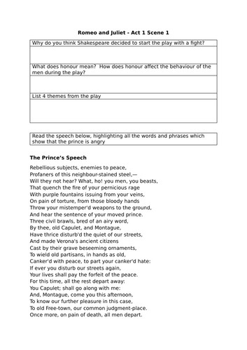 English Literature KS3 / KS4 Romeo and Juliet Act 1 Scene 1 The Prince's Speech | Teaching Resources