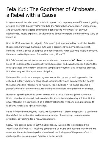 KS3 Music Cover - Fela Kuti, The Godfather of Afrobeats | Teaching ...