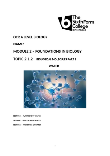 OCR A Level Biology A H420 Foundations in Biology Module 2 Water ...