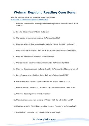 Weimar Republic Reading Questions Worksheet | Teaching Resources