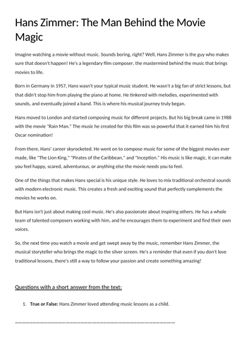 KS3 Music Cover - Hans Zimmer Film Composer | Teaching Resources