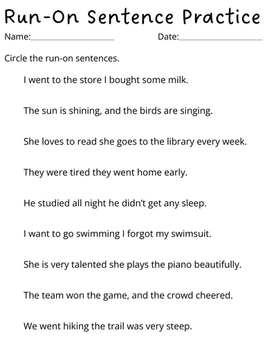 run on sentences exercises worksheet | Teaching Resources