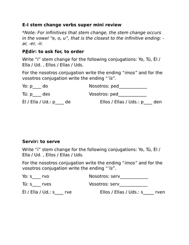 E-I stem change verbs super mini review | Teaching Resources