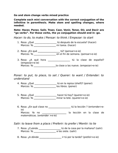 Go and stem change verbs mixed practice | Teaching Resources