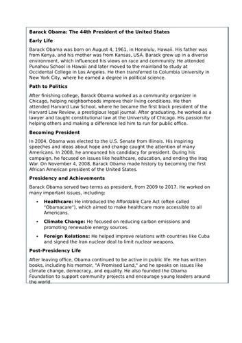 Barack Obama reading comprehension | Teaching Resources