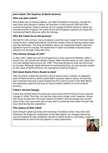 John Cabot reading comprehension | Teaching Resources