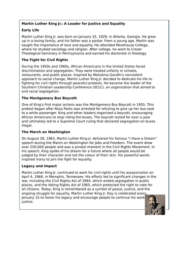 Martin Luther King reading comprehension | Teaching Resources