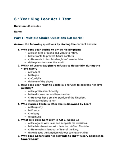 King Lear Act 1 Test | Teaching Resources