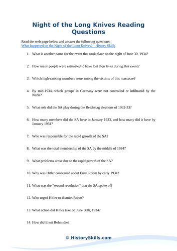 Night of the Long Knives Reading Questions Worksheet | Teaching Resources