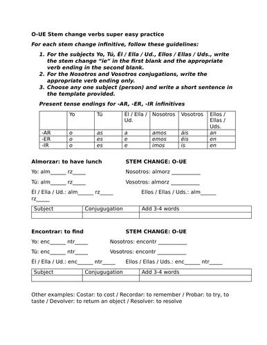 O-UE Stem change verbs super easy practice | Teaching Resources