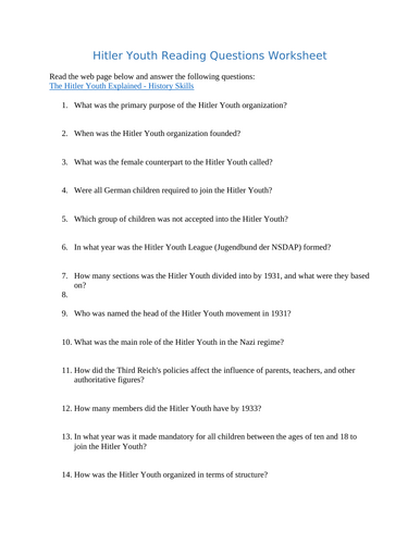 Hitler Youth Reading Questions Worksheet | Teaching Resources