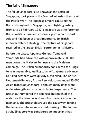 The fall of Singapore Handout | Teaching Resources