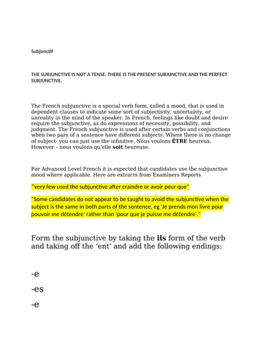 A LEVEL FRENCH revision notes THE SUBJUNCTIVE MODE | Teaching Resources