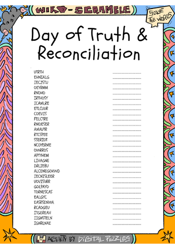 National Day of Truth and Reconciliation Word scramble Puzzle Worksheet ...