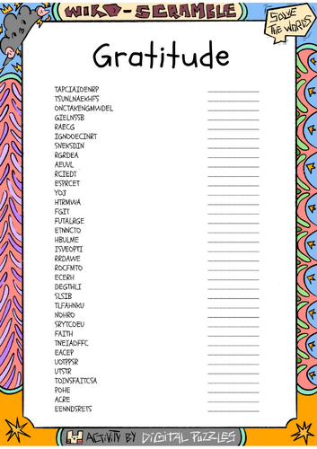 Gratitude Word scramble Puzzle Worksheet Activity | Teaching Resources