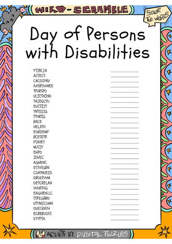 Day of Persons with Disabilities Word scramble Puzzle Worksheet ...