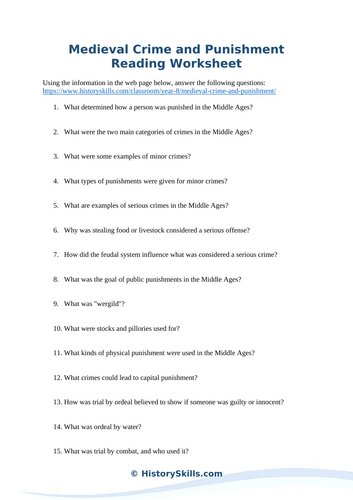 Medieval Crime and Punishment Reading Worksheet | Teaching Resources