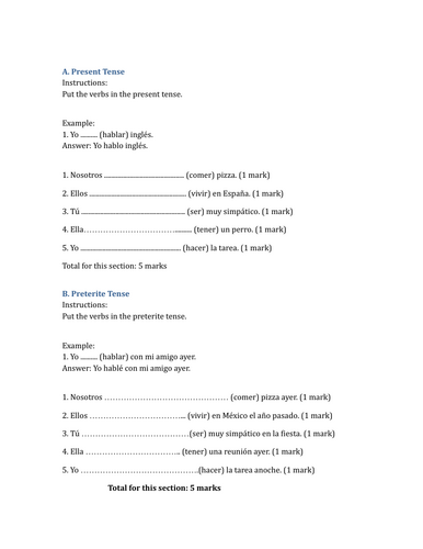 SPANISH ALL TENSES GRAMMAR TEST | Teaching Resources