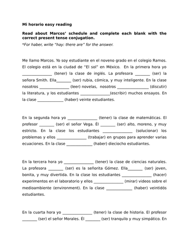 Mi horario easy reading | Teaching Resources