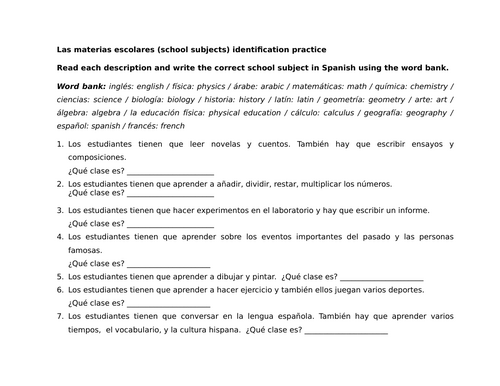 Las materias escolares (school subjects) identification practice ...