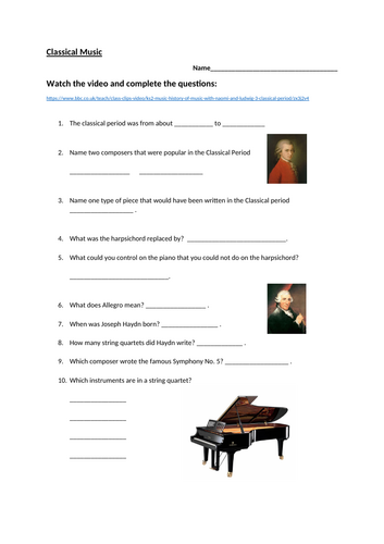 Classical Period Listening Worksheet | Teaching Resources