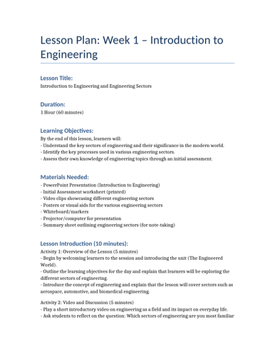 Unit 1- The Engineered World W1 Lesson Plan | Teaching Resources