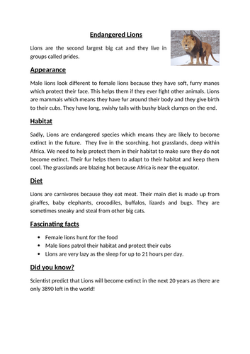 Non Chronological report animals Yea r2 | Teaching Resources