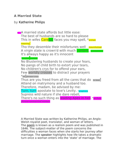 GCSE ENGLISH LITERATURE poetry analysis "A Married State" Katherine ...