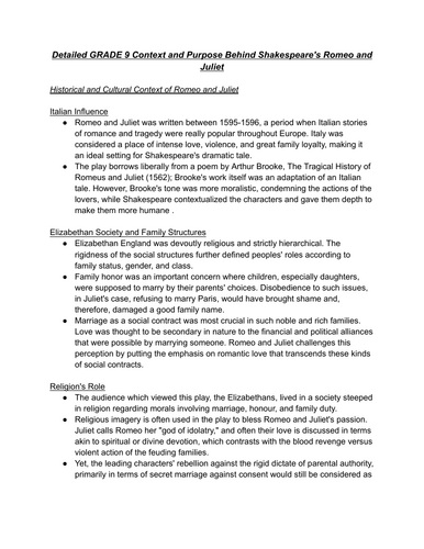 Grade 9 Romeo and Juliet Purpose + Context | Teaching Resources