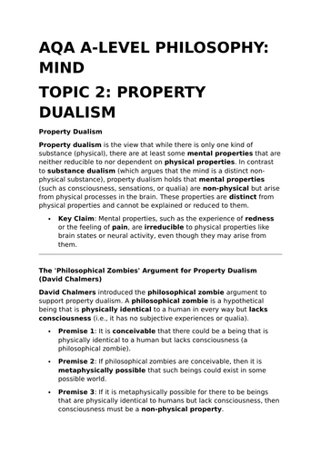 Property Dualism - AQA A-Level Philosophy Revision Summary | Teaching ...