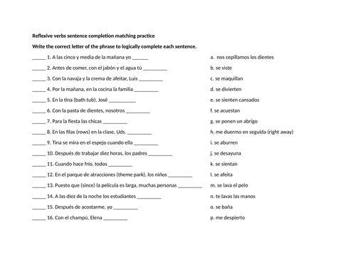 Reflexive verbs sentence completion matching practice | Teaching Resources