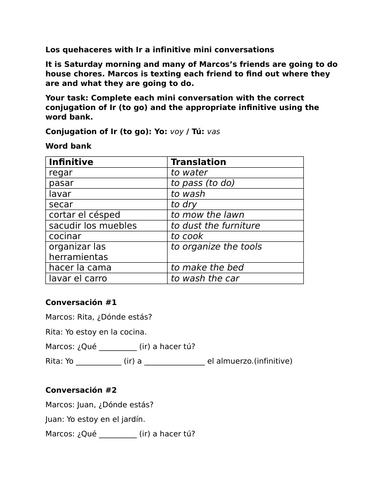 Los quehaceres with Ir a infinitive mini conversations | Teaching Resources
