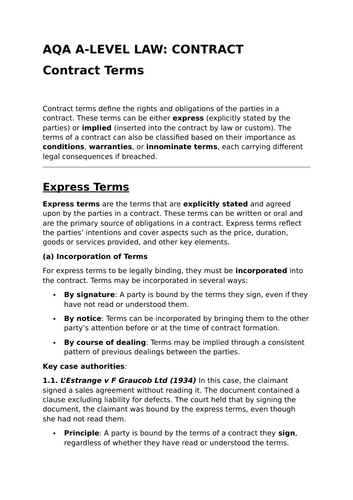 Contract Terms - Revision Summary for Contract Law | Teaching Resources Contract Terms - Revision Summary for Contract Law | Teaching Resources