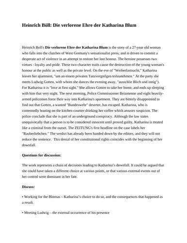 A LEVEL GERMAN revision notes "Die verlorene Ehre der Katharina Blum ...