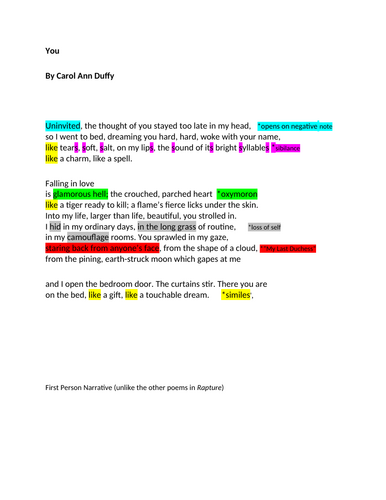 A LEVEL ENGLISH LITERATURE: Carol Ann Duffy poem "You" an analysis ...