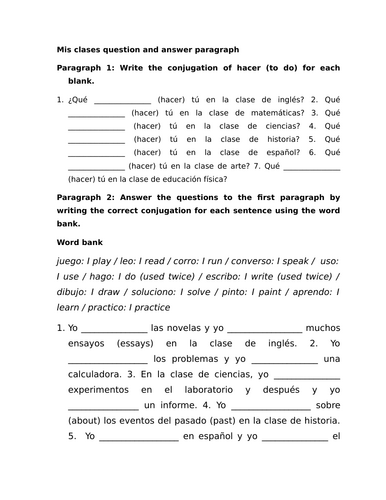 Mis clases question and answer paragraph | Teaching Resources