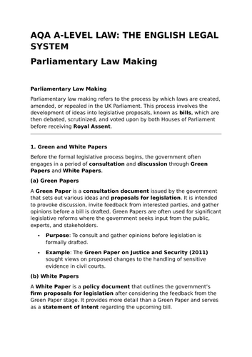 Parliamentary Law-Making - Revision Summary for Law | Teaching Resources