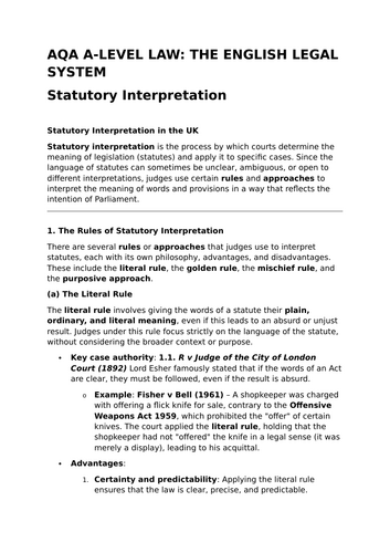 Statutory Interpretation - Revision Summary for Law | Teaching Resources