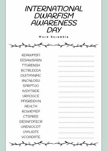 International Dwarfism Awareness Day word scramble puzzle worksheet ...