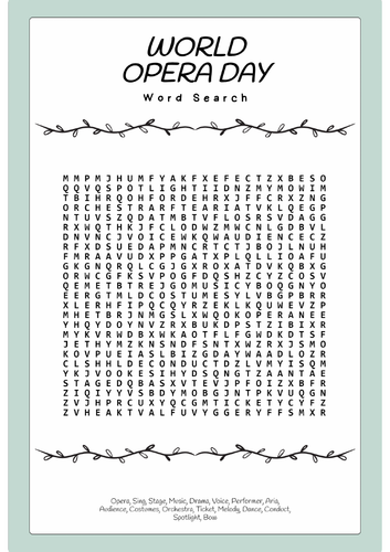 World Opera Day word search puzzle worksheet Activity | Teaching Resources