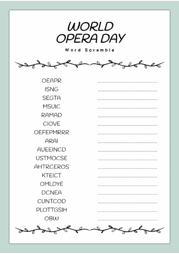 World Opera Day word scramble puzzle worksheet Activity | Teaching ...
