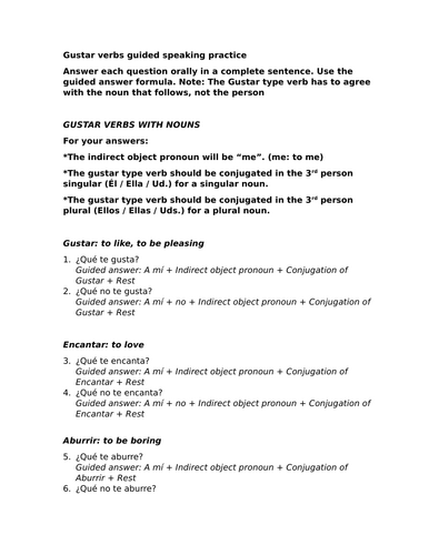 Gustar verbs guided speaking practice | Teaching Resources