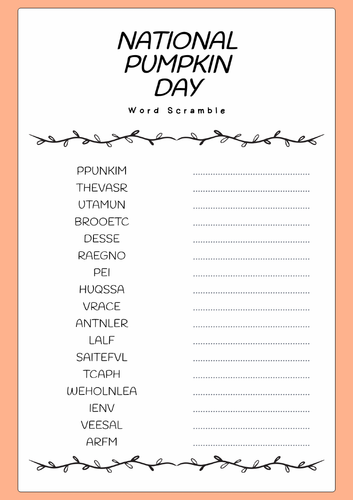 National Pumpkin Day word scramble puzzle worksheet Activity | Teaching ...