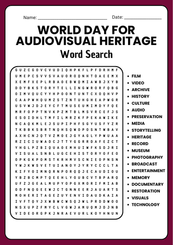 World Day for Audiovisual Heritage word search puzzle worksheet ...