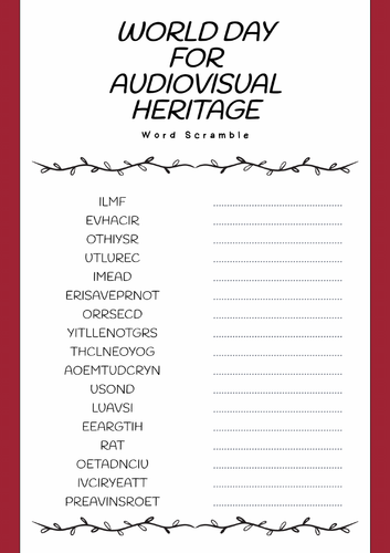 World Day for Audiovisual Heritage word scramble puzzle worksheet ...