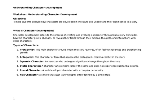 Worksheet: Understanding Character Development | Teaching Resources