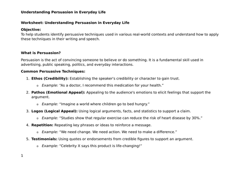 Worksheet: Understanding Persuasion in Everyday Life | Teaching Resources