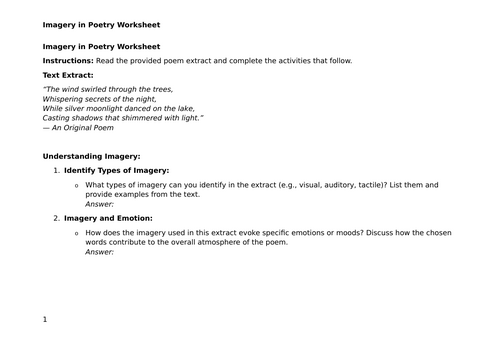 Imagery in Poetry Worksheet | Teaching Resources