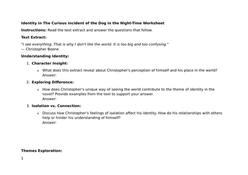 The Curious Incident of the Dog in the Night-Time Worksheet | Teaching ...